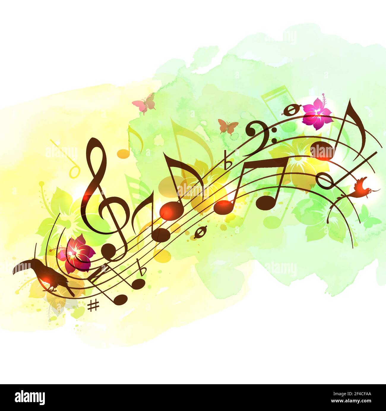 Abstract music background with notes, tropical flowers and watercolor ...