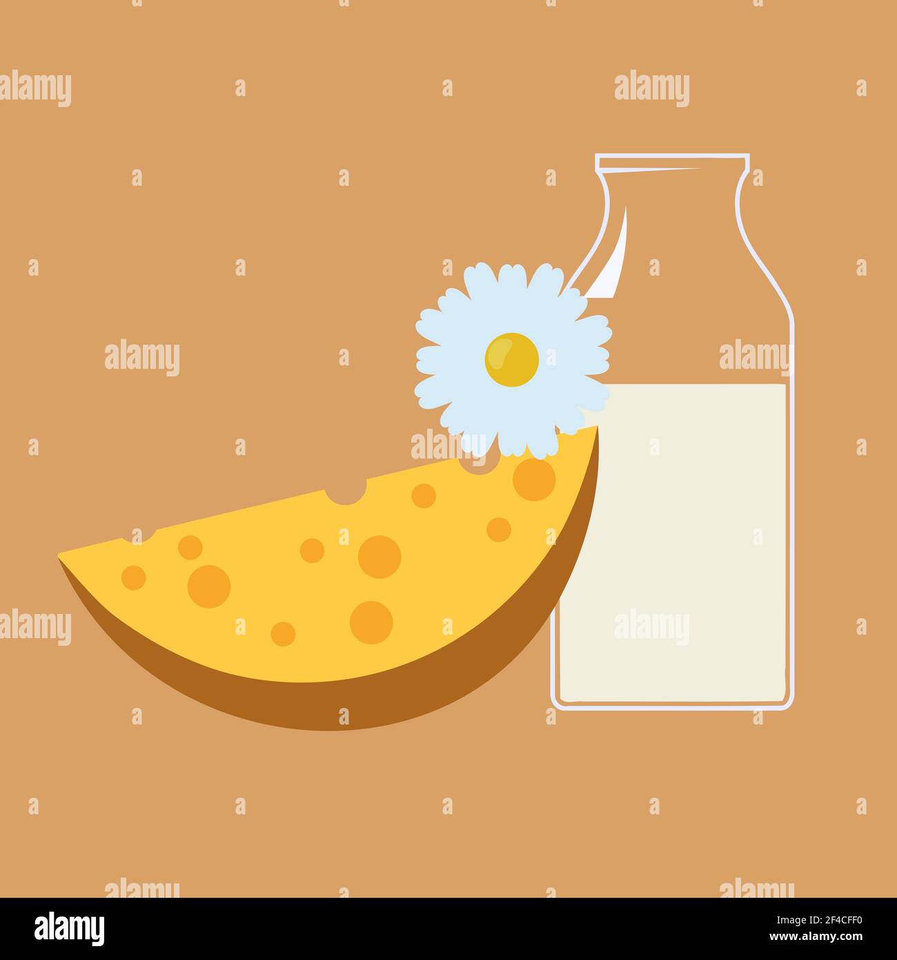 Vector illustration of cheese and milk bottle on a yellow background ...