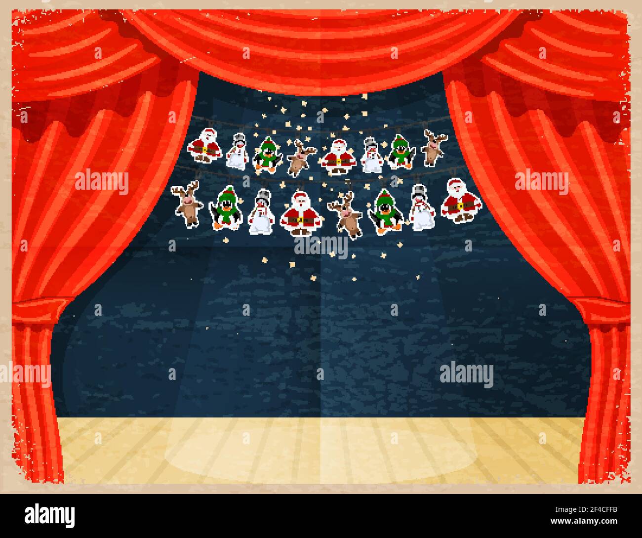 Retro Cartoon theater. Theater curtain with spotlights beam, stars and ...