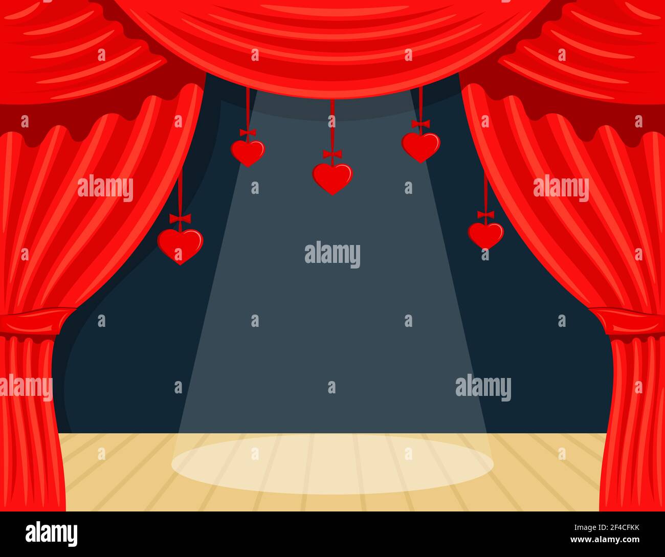 Picture Cartoon Theater with red backstage, spotlight and red hearts on ...