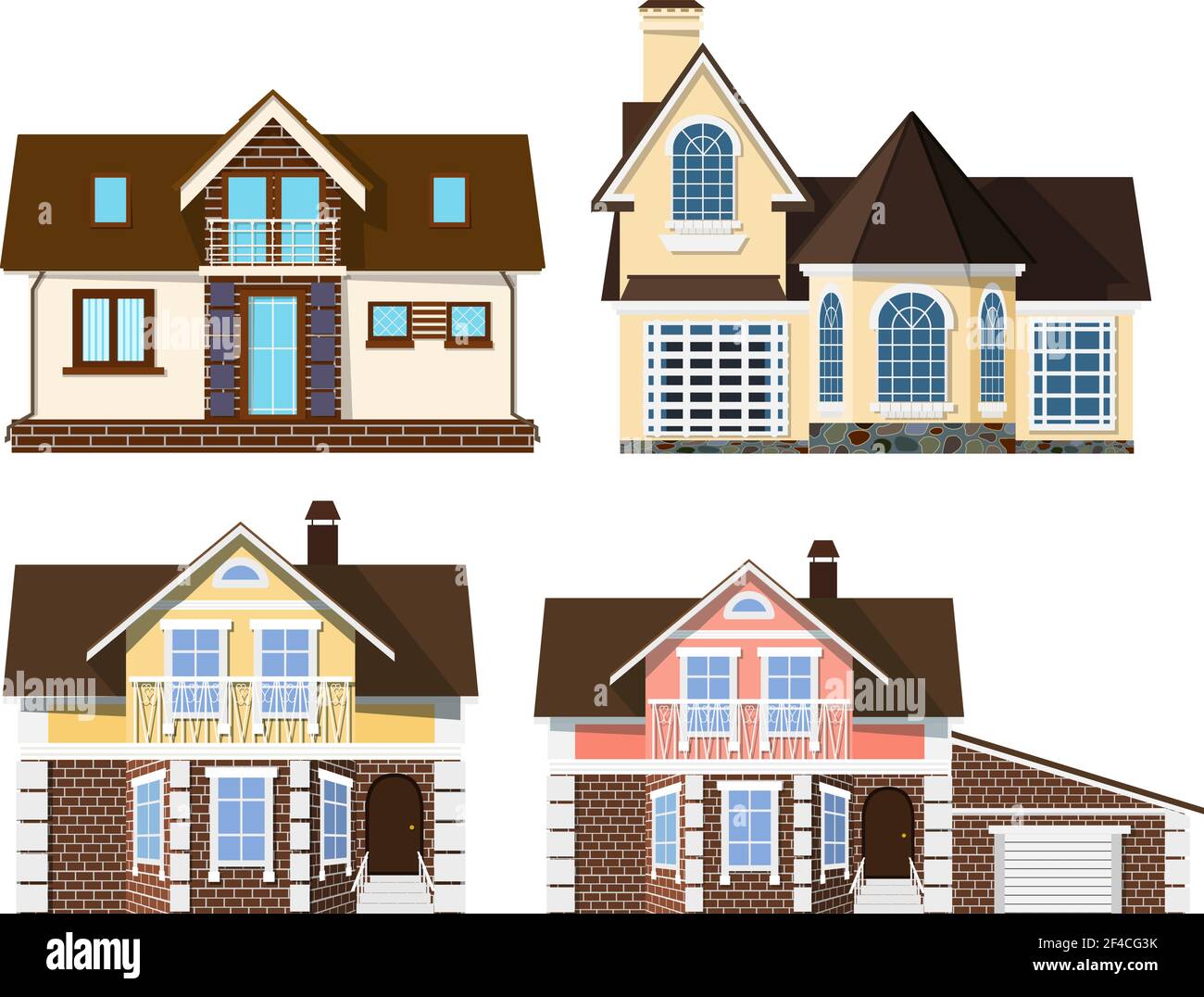 Set Cartoon beautiful small cozy rural houses on a white background ...