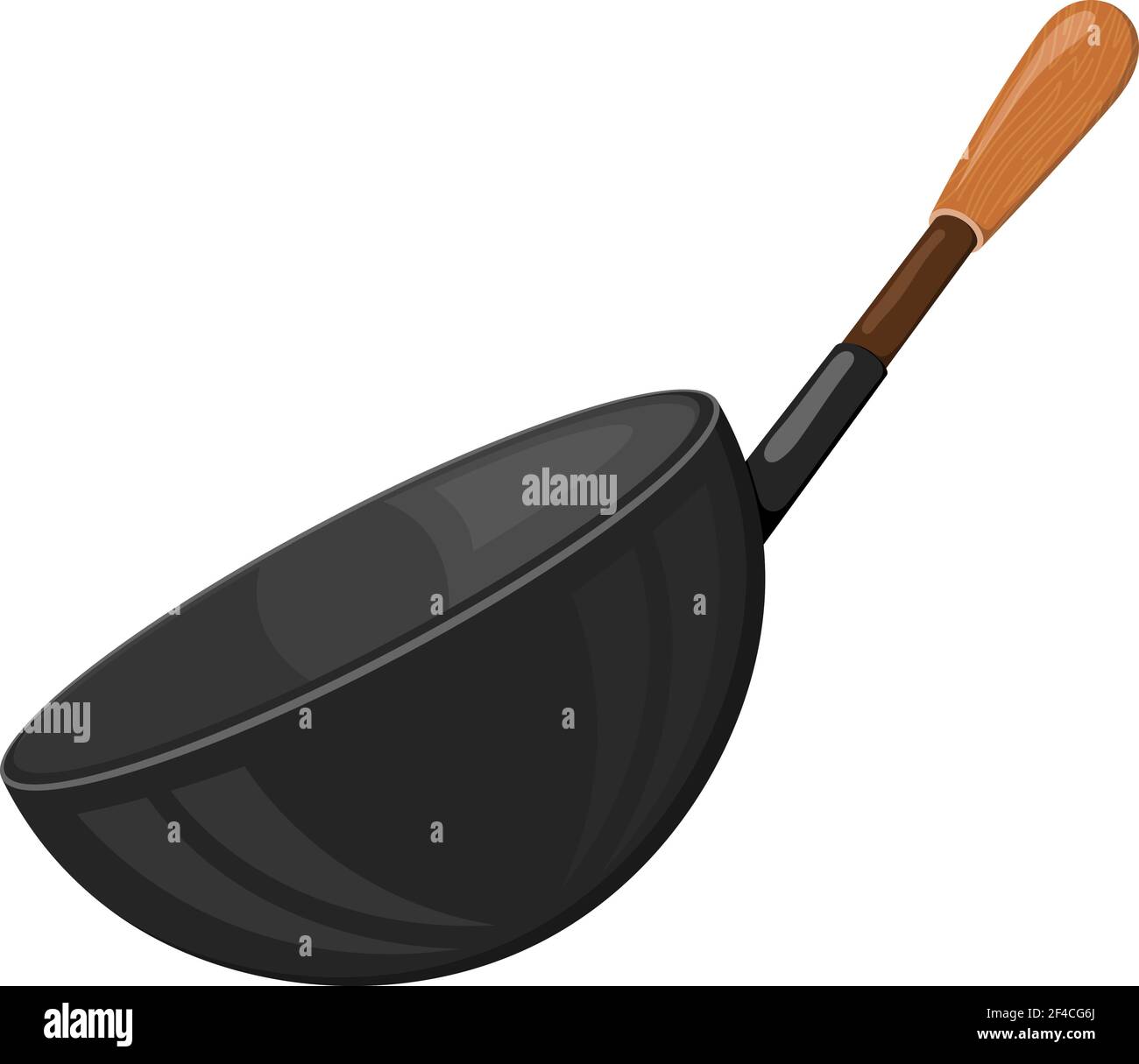 Cartoon vector image of a black frying pan with a wooden handle on a ...