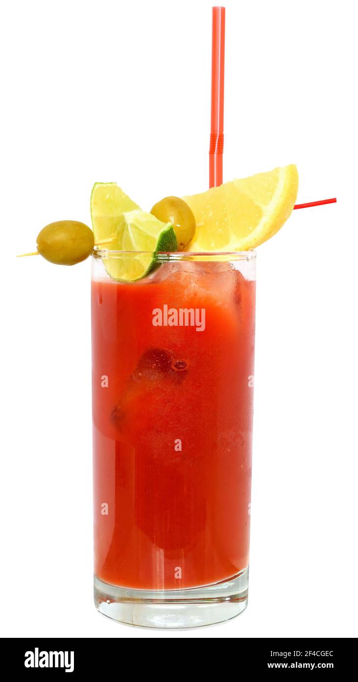 Cocktail bloody mary decorated with lemon slices, lime and olives ...