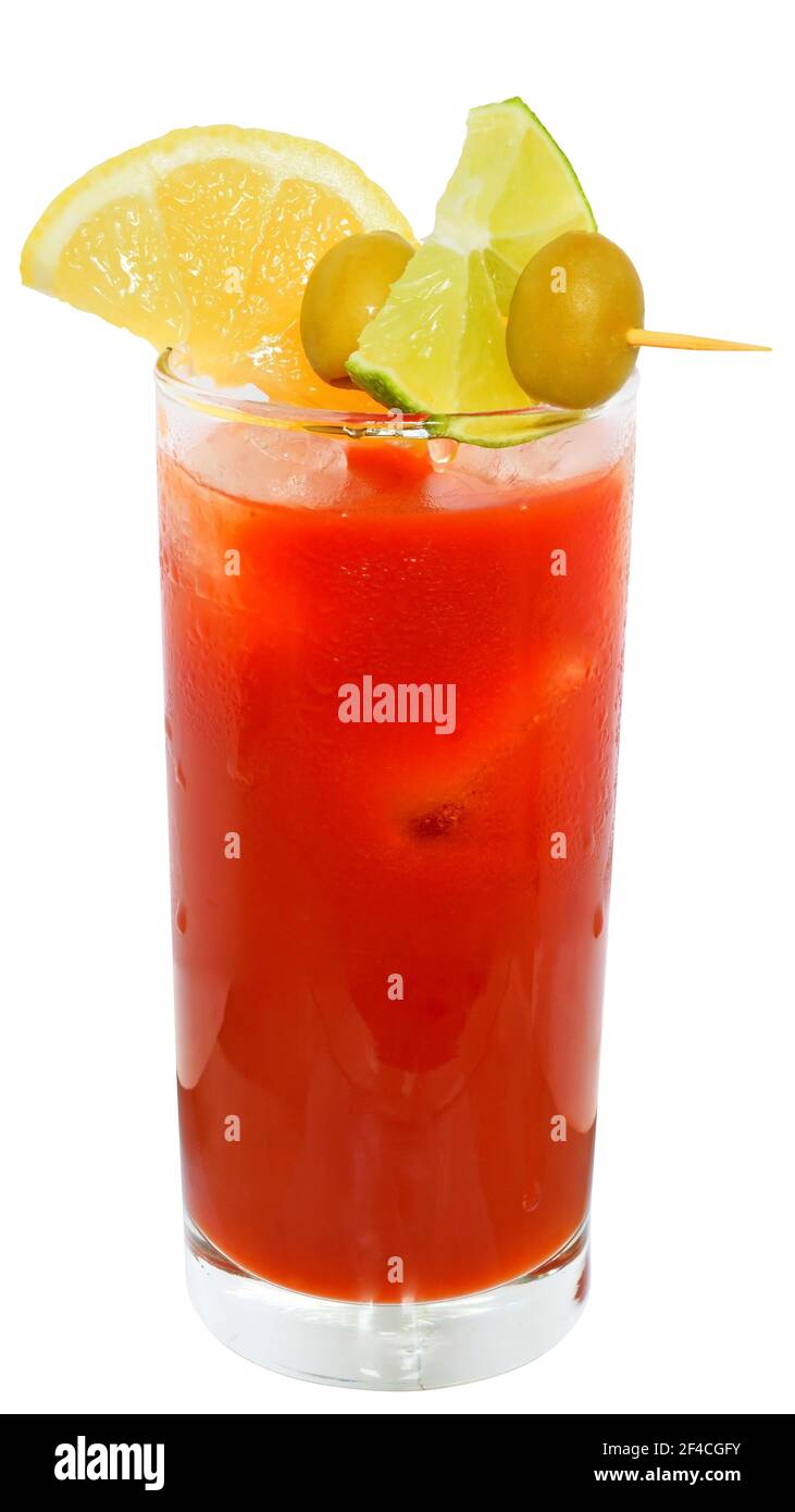 Cocktail bloody mary decorated with lemon slices, lime and olives ...