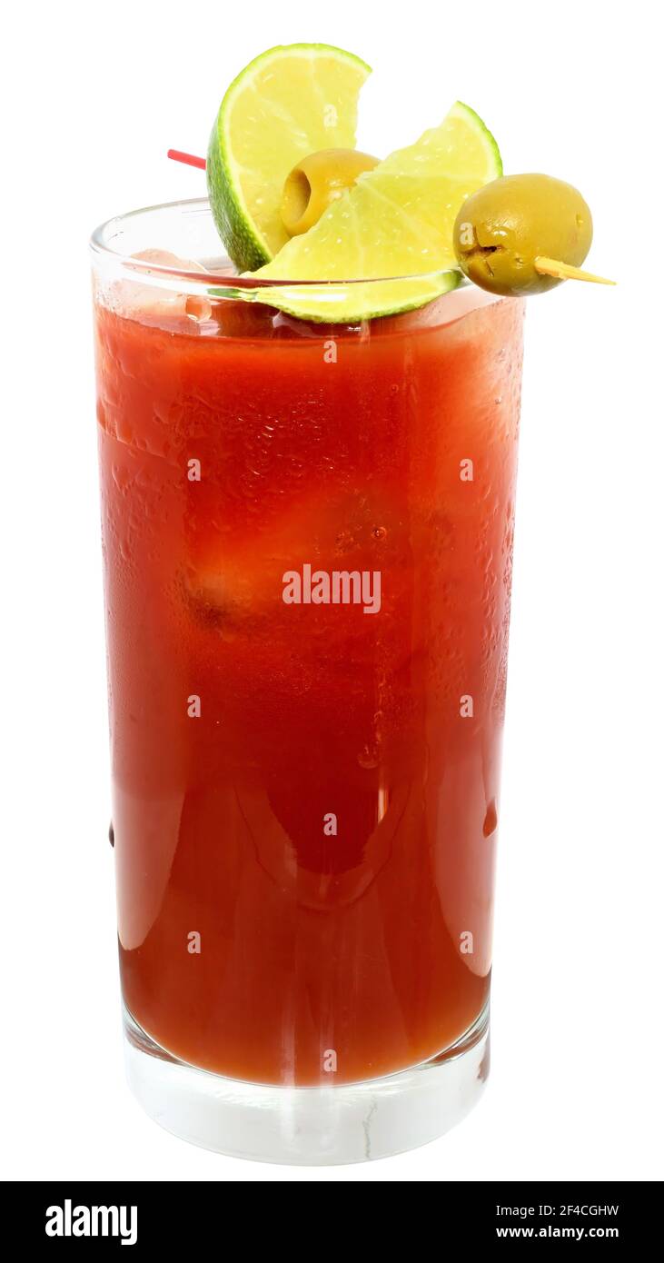 Cocktail bloody mary decorated with lemon slices, lime and olives ...