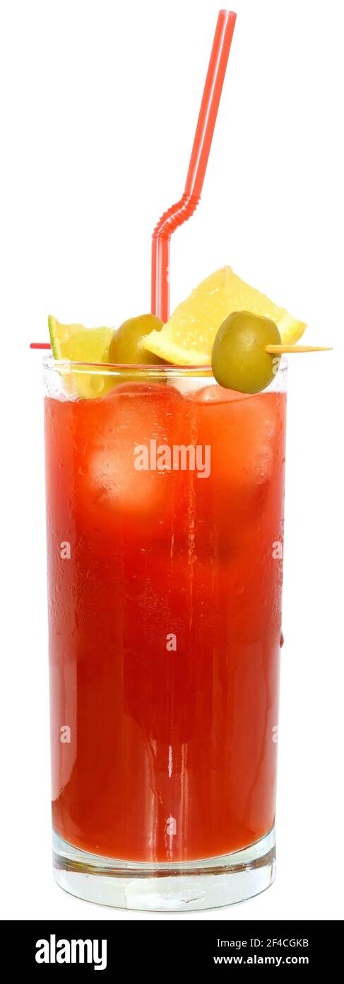 Cocktail bloody mary decorated with lemon slices, lime and olives ...