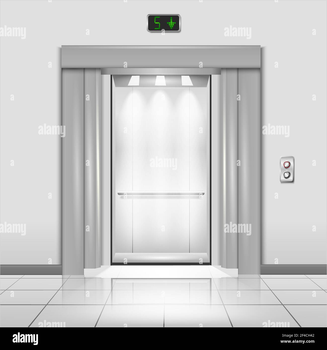 Closed chrome metal office building elevator doors with rays of light ...