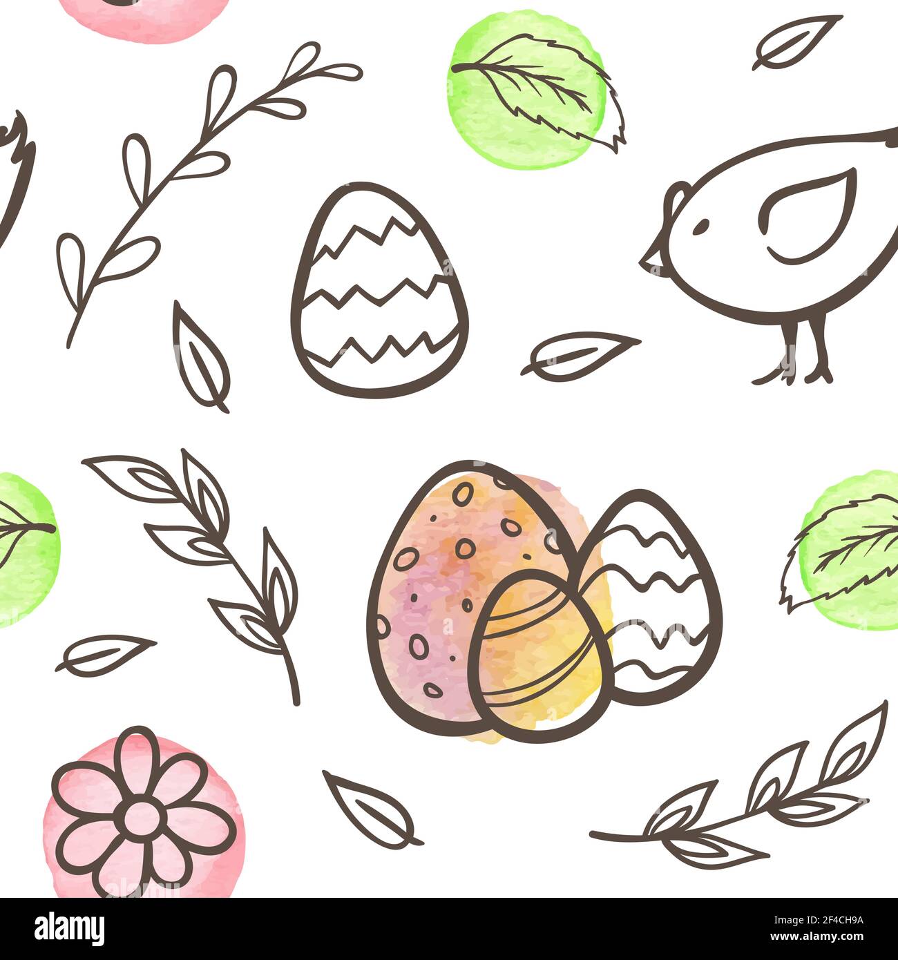 Hand drawn doodle Easter seamless pattern with eggs and chicken on a ...