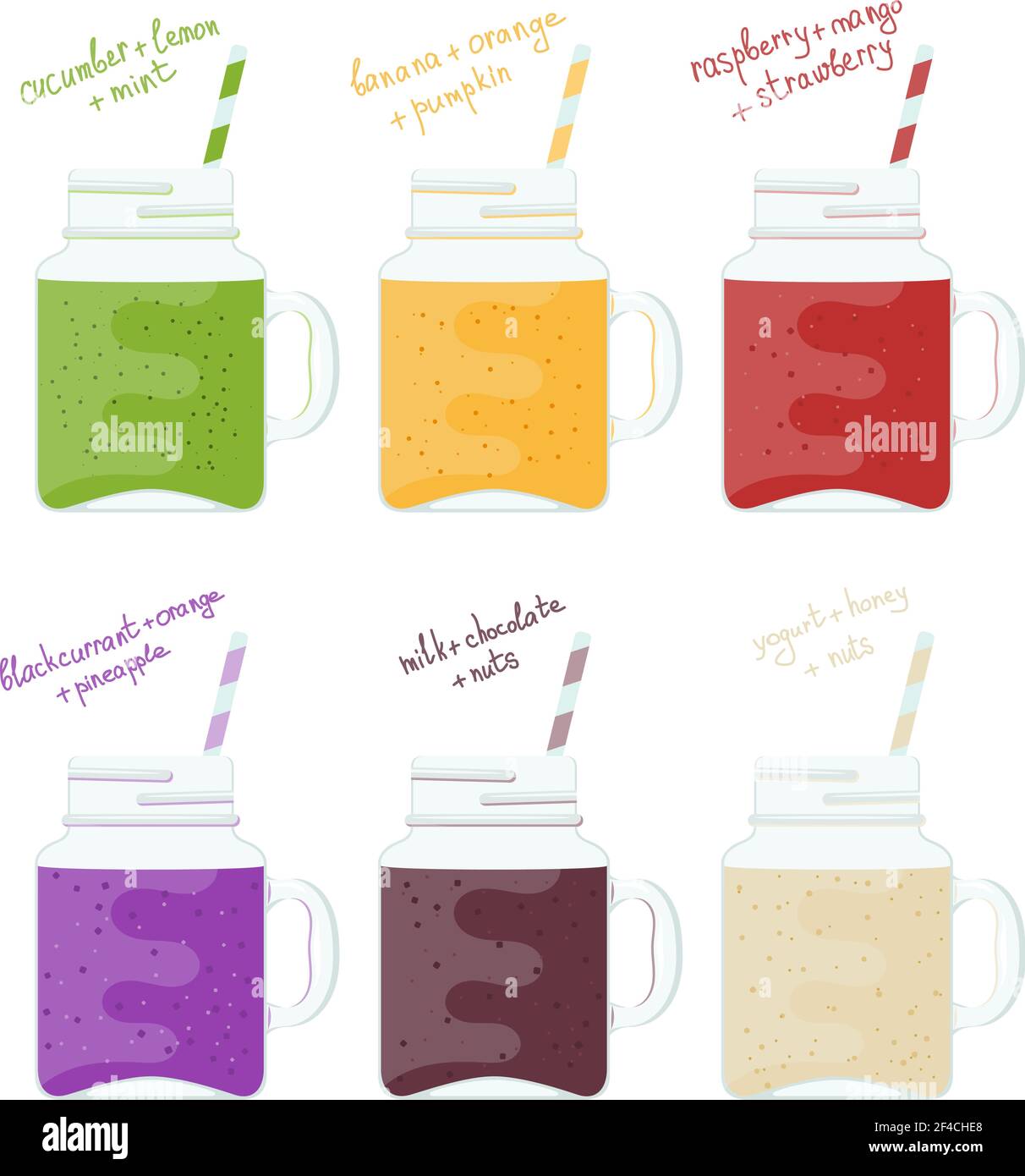 Illustration set of glass jars with colorful smoothies. Natural healthy ...