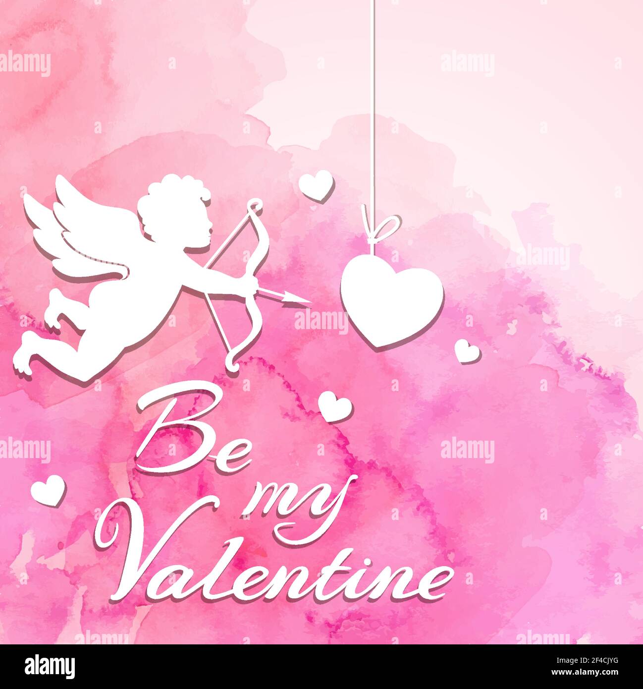 Pink watercolor romantic Valentine background with cupid and hearts cut ...