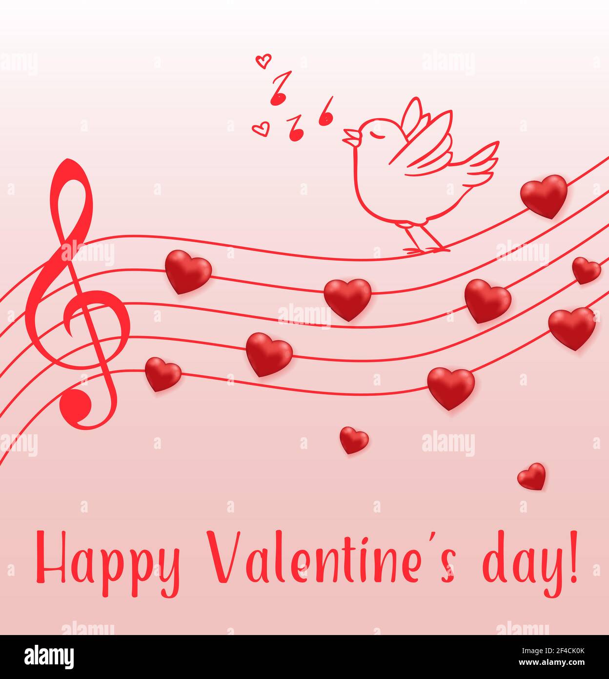 Music notes of red hearts and singing bird on a pink background ...