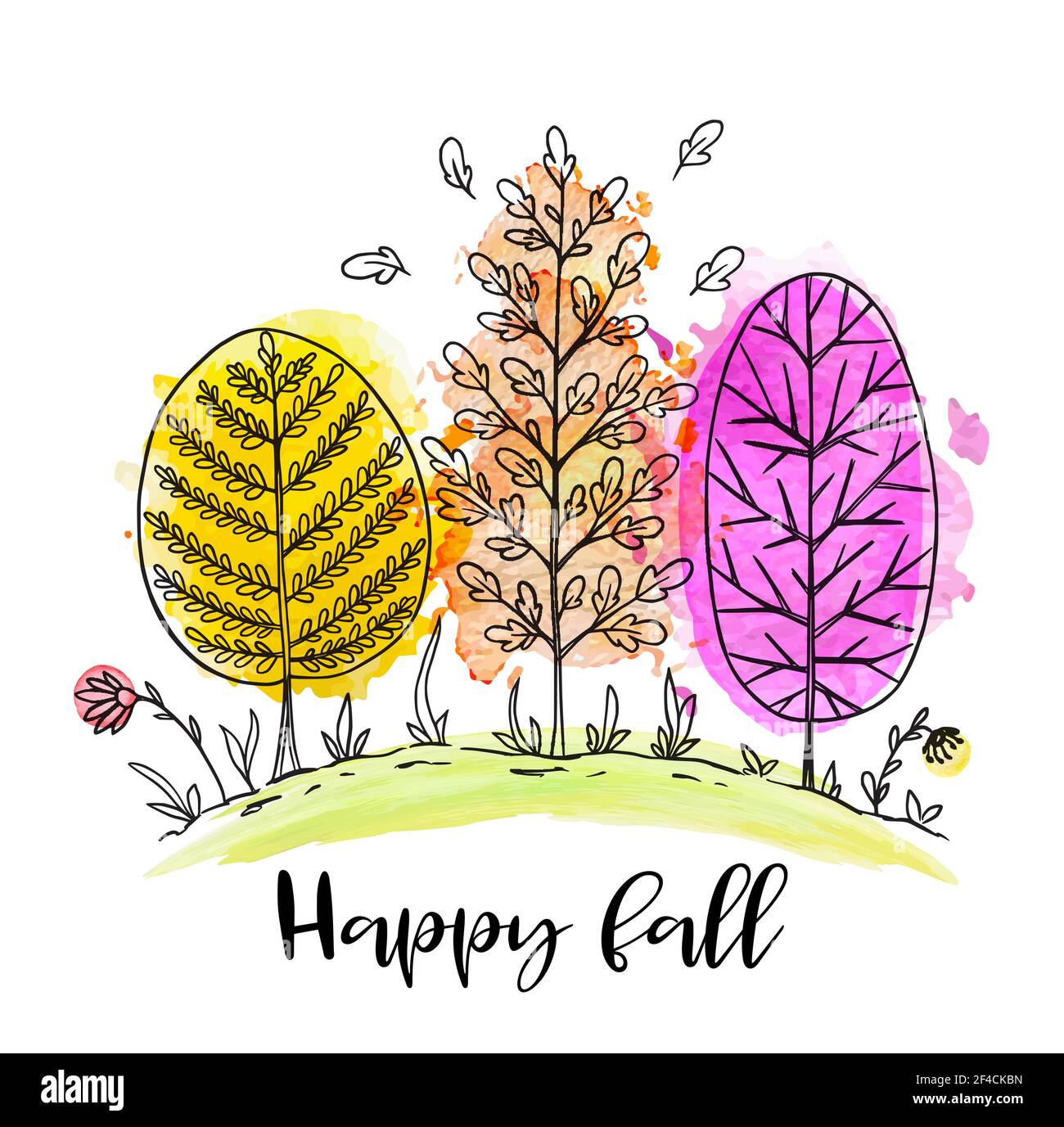 Autumn natural landscape with yellow and red watercolor trees on a ...