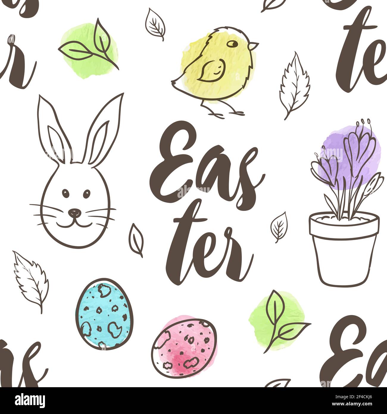 Hand drawn doodle Easter seamless pattern with eggs, rabbit and chicken ...