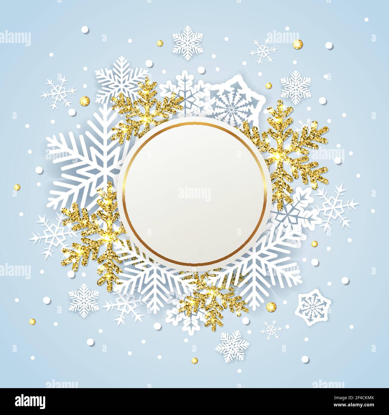 Round winter banner with white and golden snowflakes on a blue ...