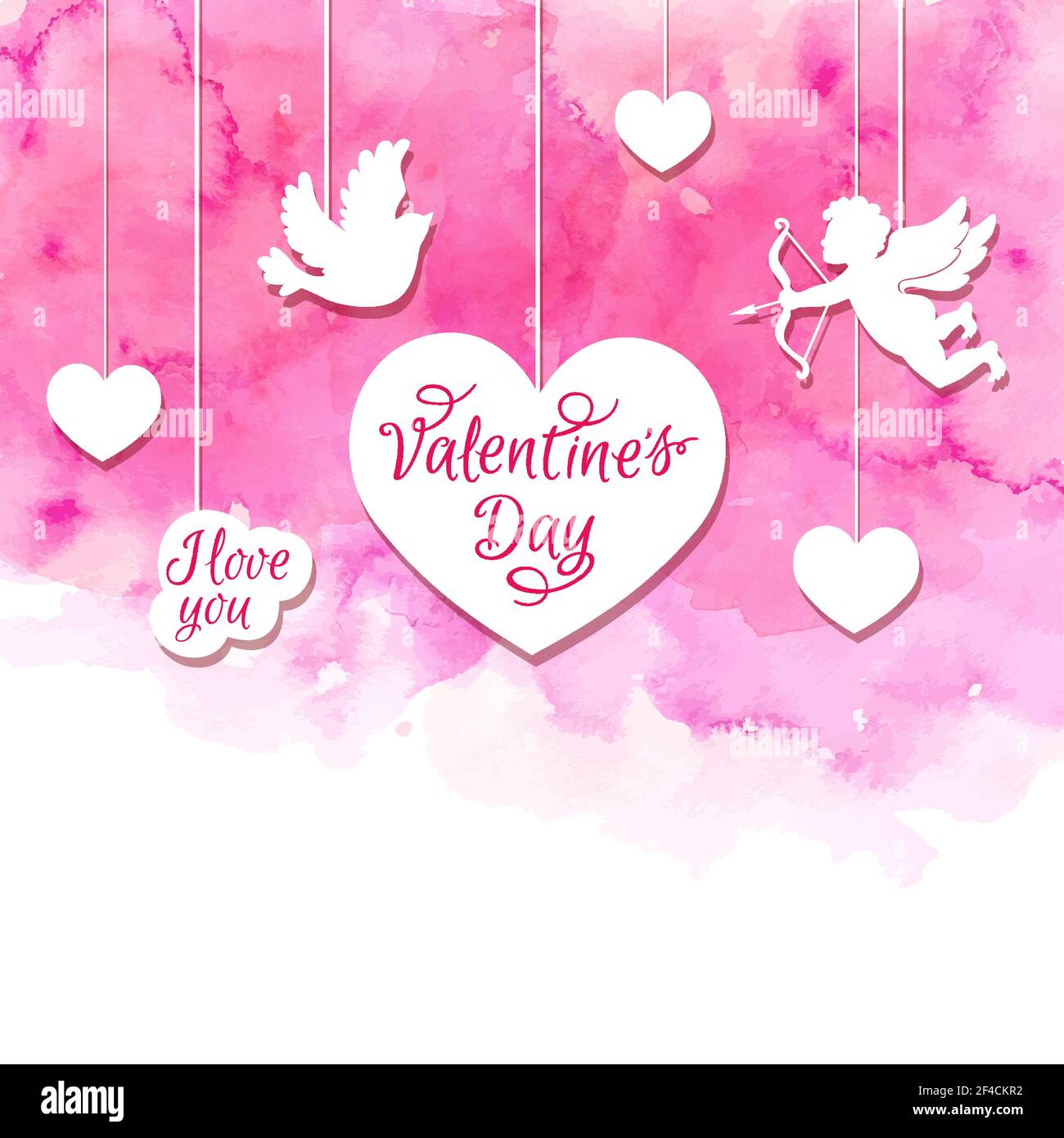 Pink watercolor romantic Valentine background with cupid and hearts cut ...