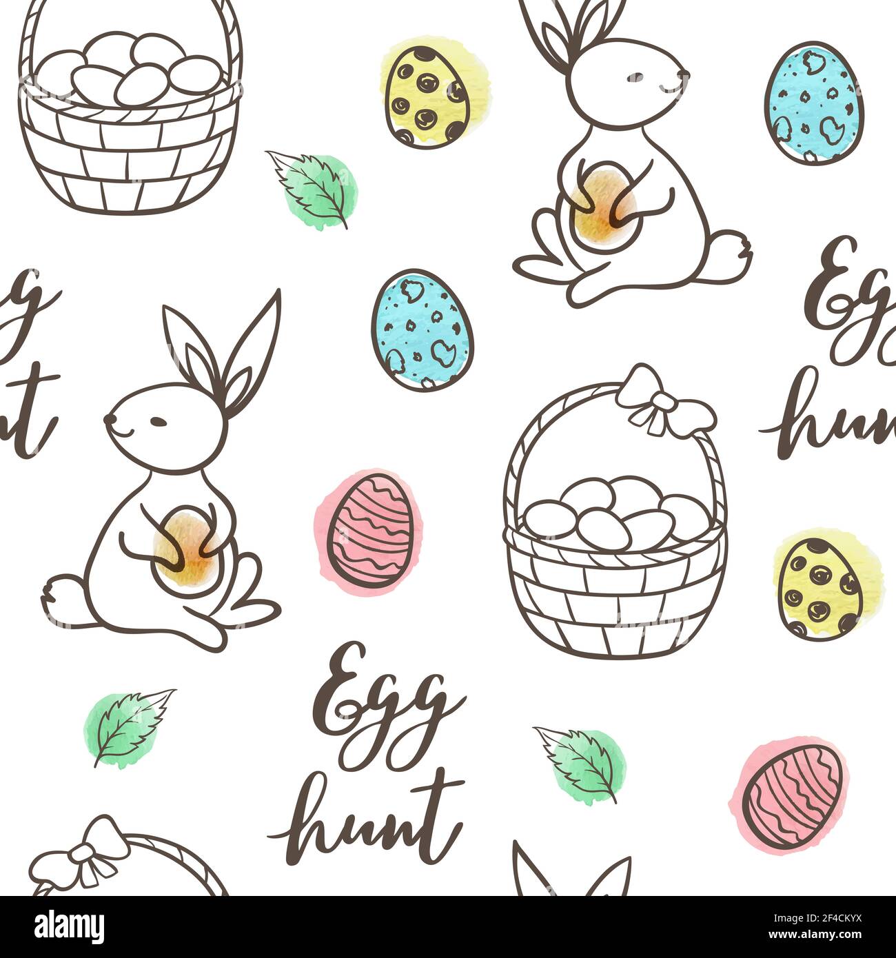 Hand drawn doodle Easter seamless pattern with eggs, rabbit and basket ...