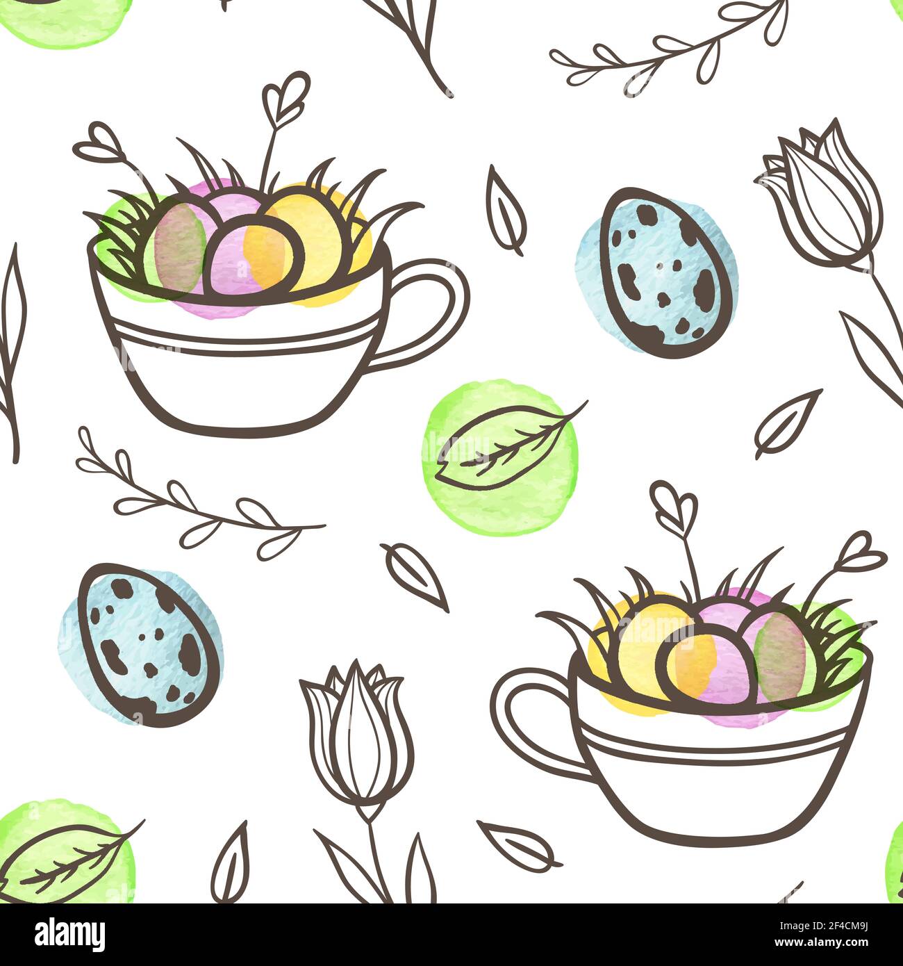 Hand drawn doodle Easter seamless pattern with eggs and florals on a ...