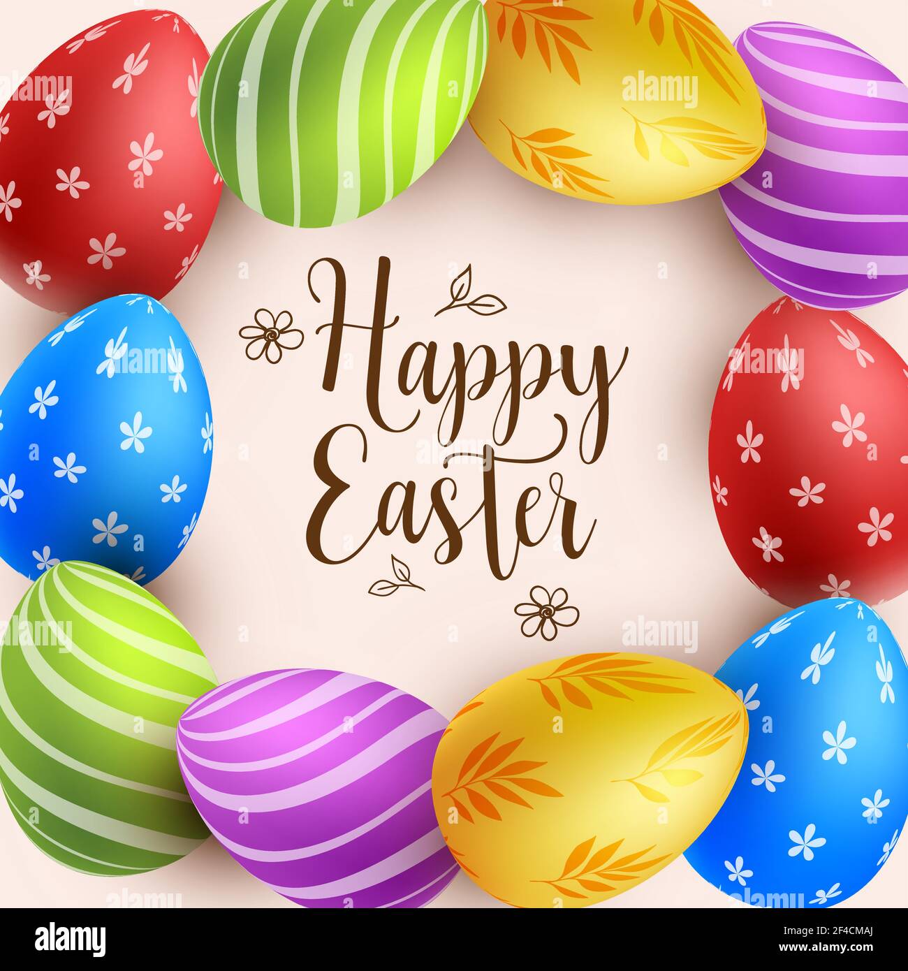 Decorative background with multicolored Easter eggs. Vector illustration. Happy Easter lettering ...
