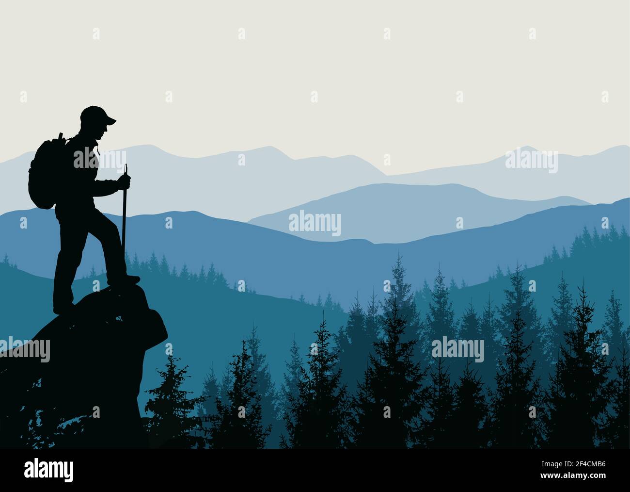 Man standing on top of a mountain. Natural mountain landscape with fir ...