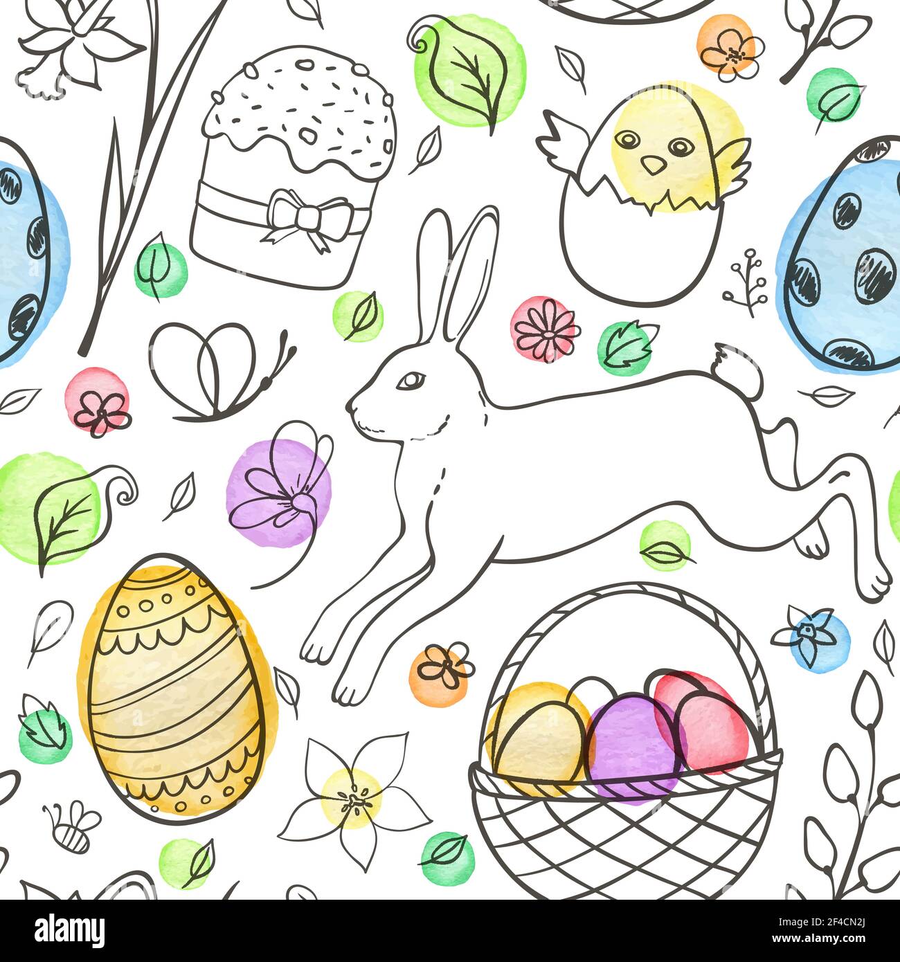 Hand drawn doodle Easter seamless pattern with eggs, rabbit and chicken ...