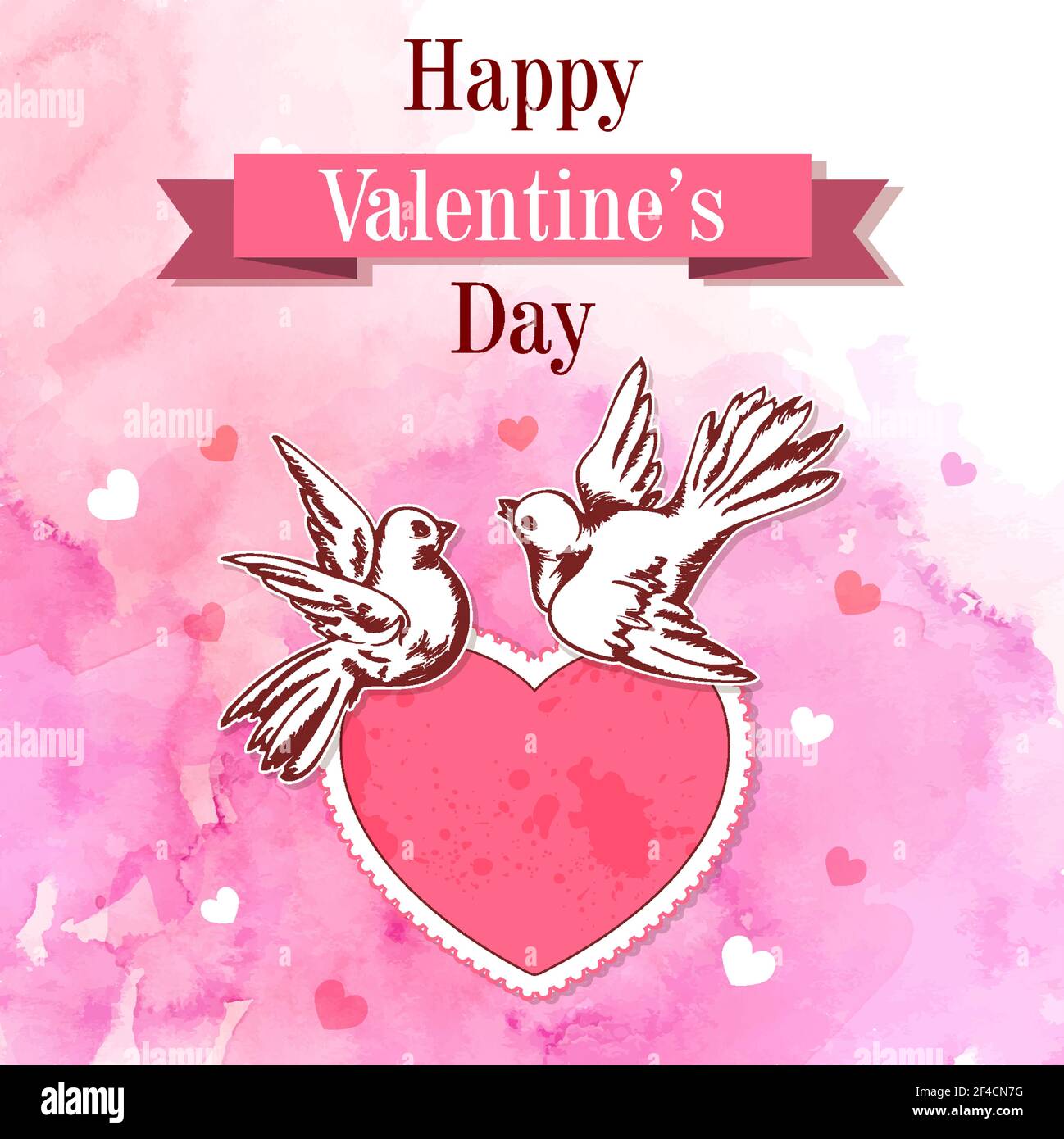 Pink watercolor vintage Valentine background with two birds and heart ...
