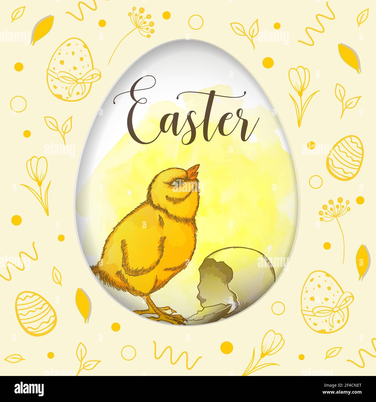 Decorative cut out of paper Easter card with chicken on a yellow ...