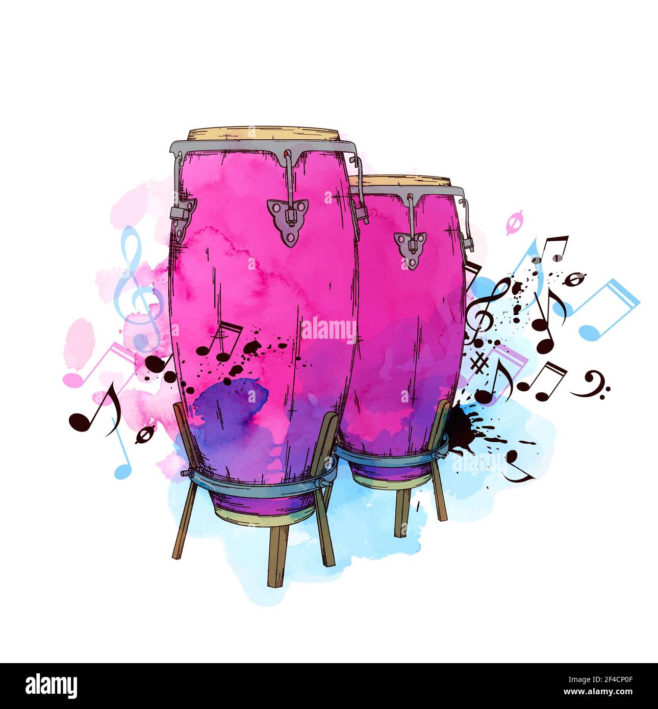 Music notes and drums on watercolor background. Vector illustration ...
