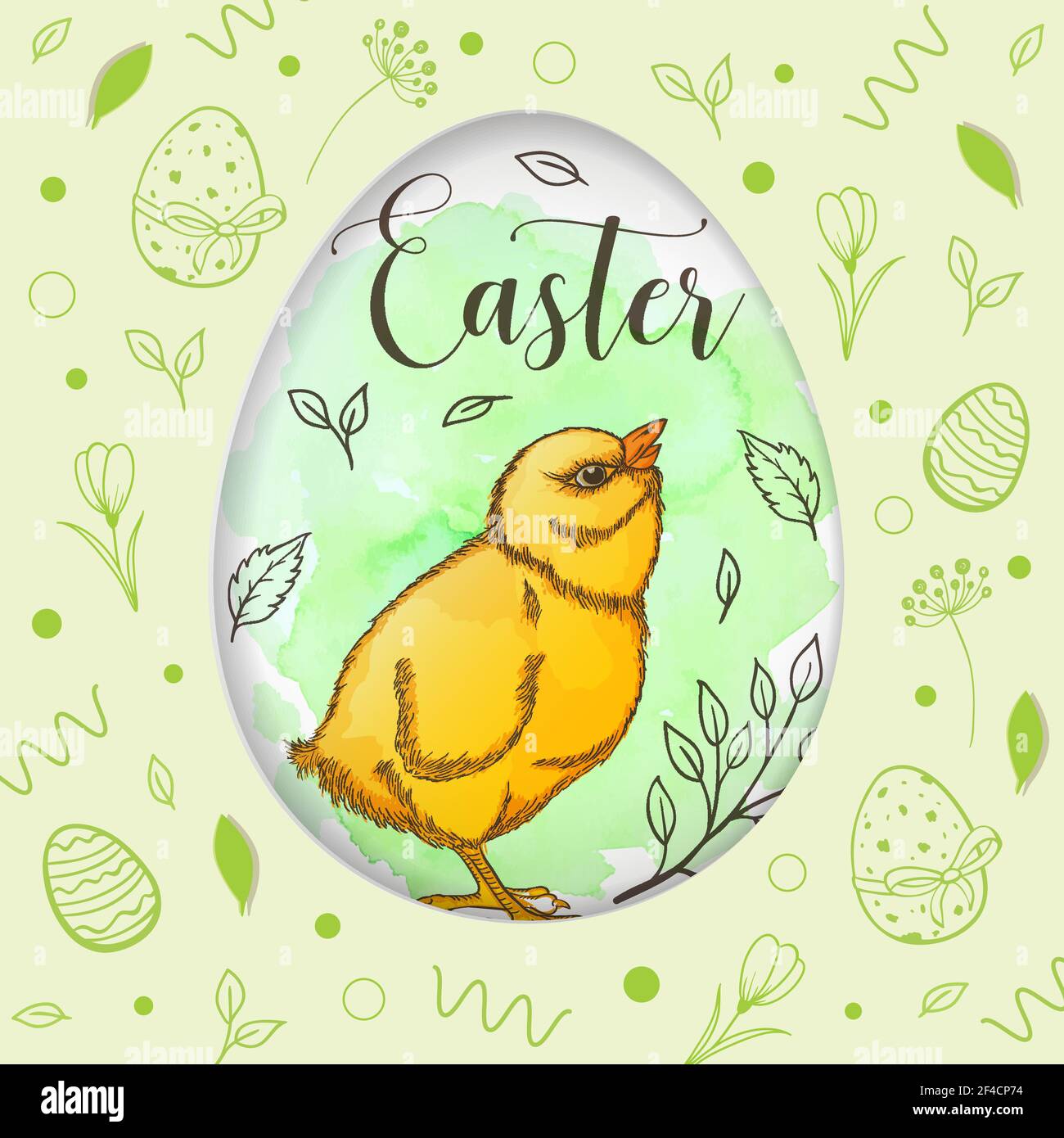 Decorative cut out of paper Easter card with chicken on a green ...