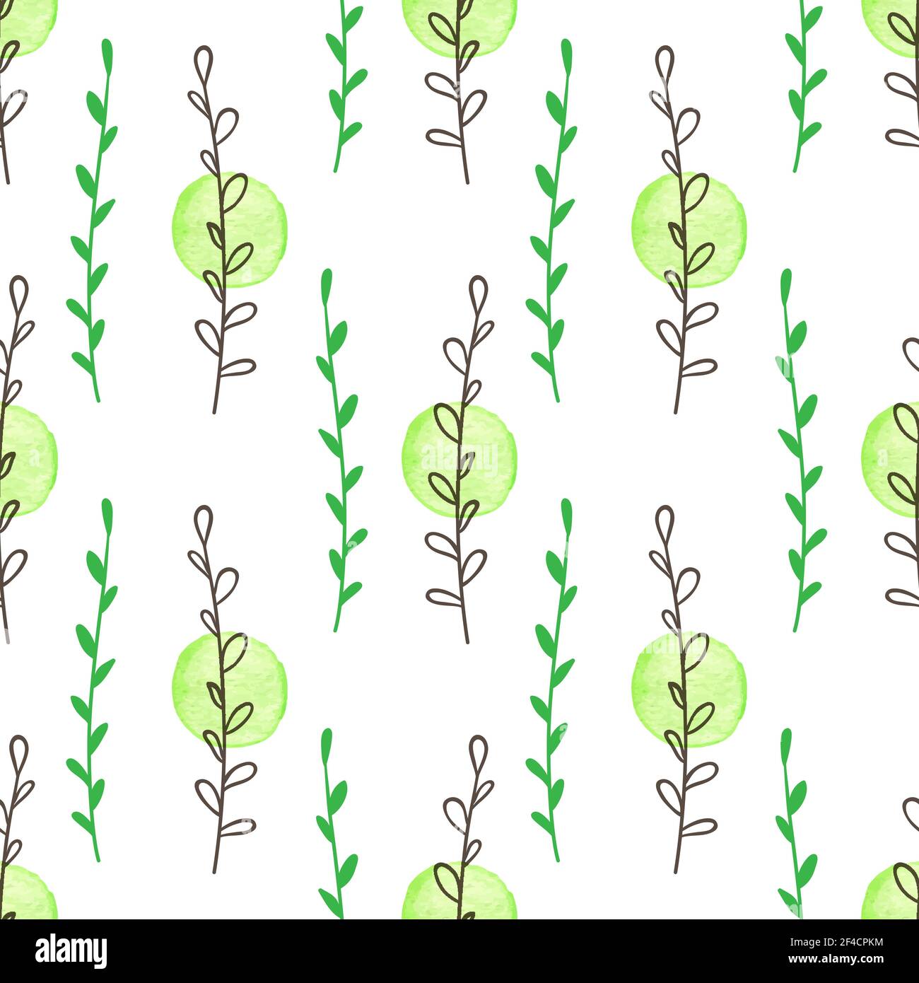 Hand drawn doodle green spring floral seamless pattern with leaves and ...