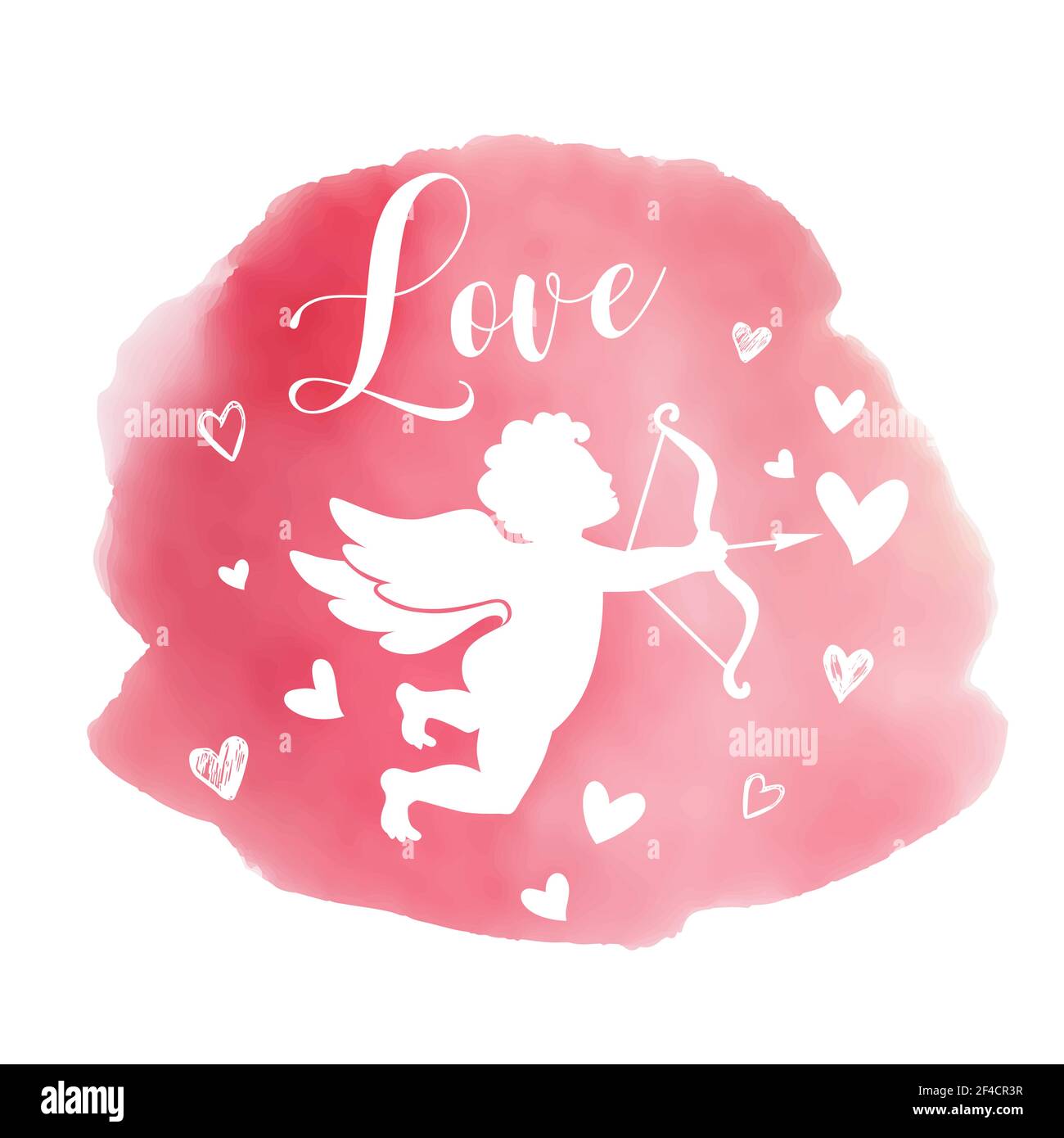 Pink watercolor romantic Valentine background with silhouette of cupid ...