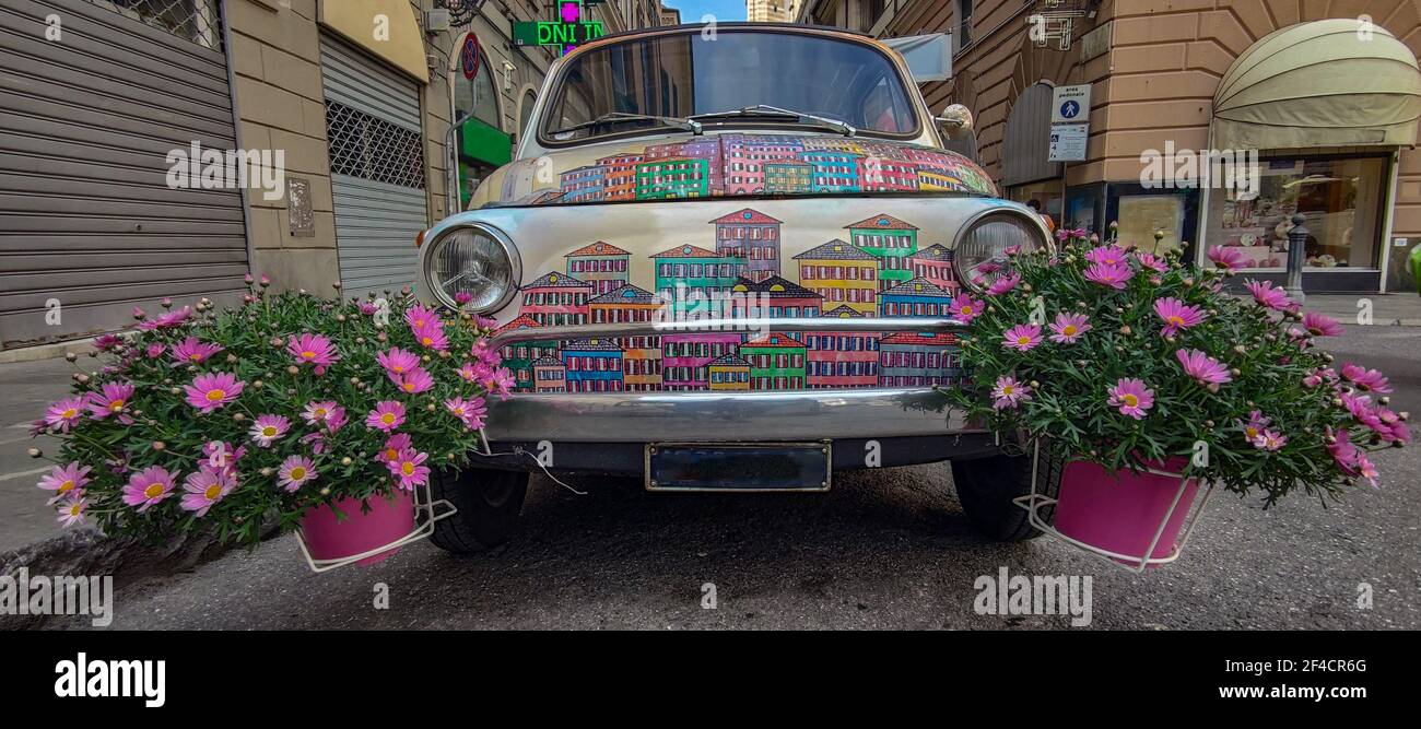 Old vintage 500 painted car in Genoa, Italy Stock Photo - Alamy