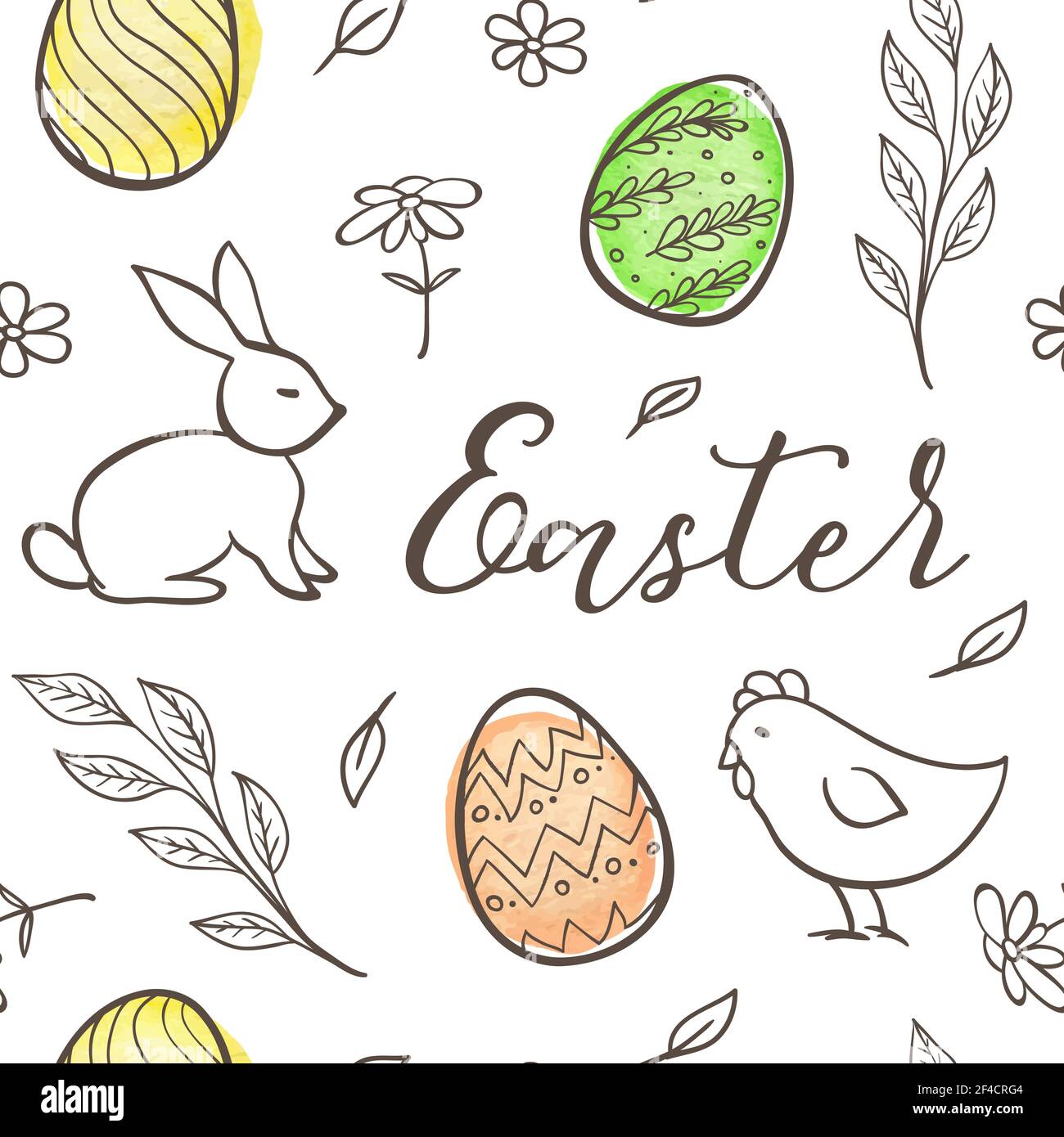 Hand drawn doodle Easter seamless pattern with eggs, chicken and rabbit ...