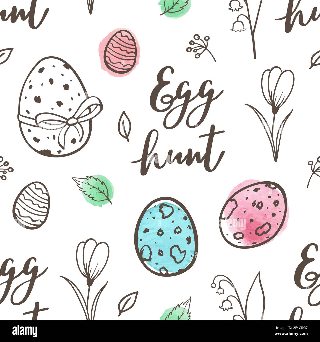 Hand drawn doodle Easter seamless pattern with eggs and flowers on a ...