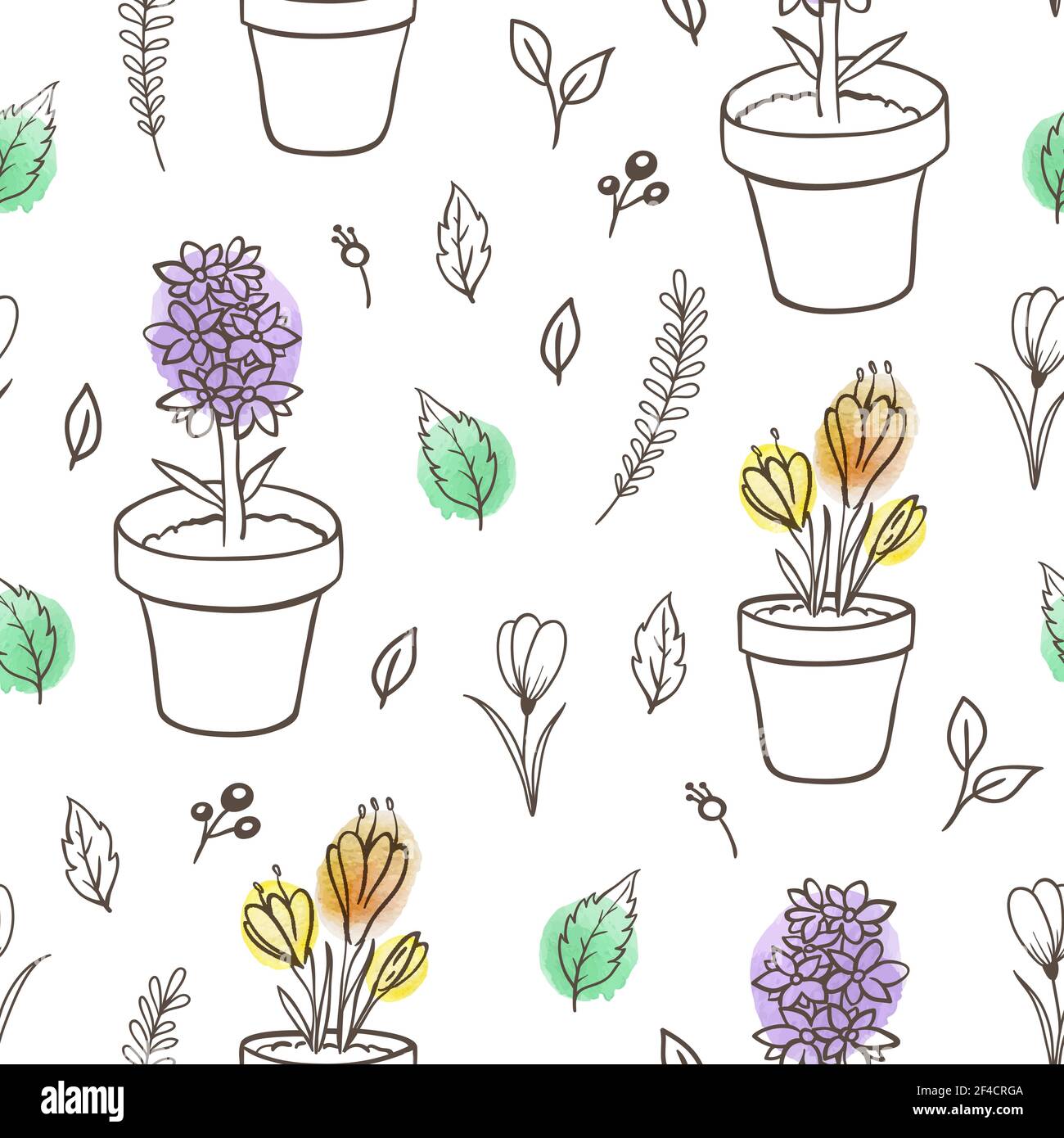 Hand drawn doodle spring floral seamless pattern with leaves and ...