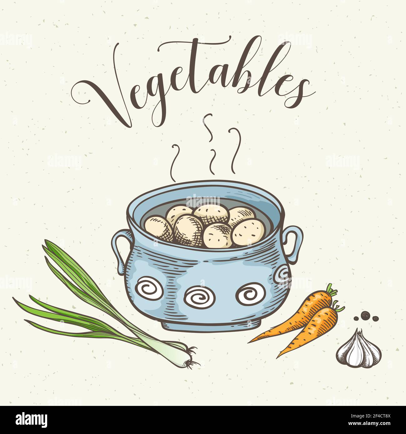 Hot boiled potatoes in a pan and spices. Hand drawn vector illustration ...