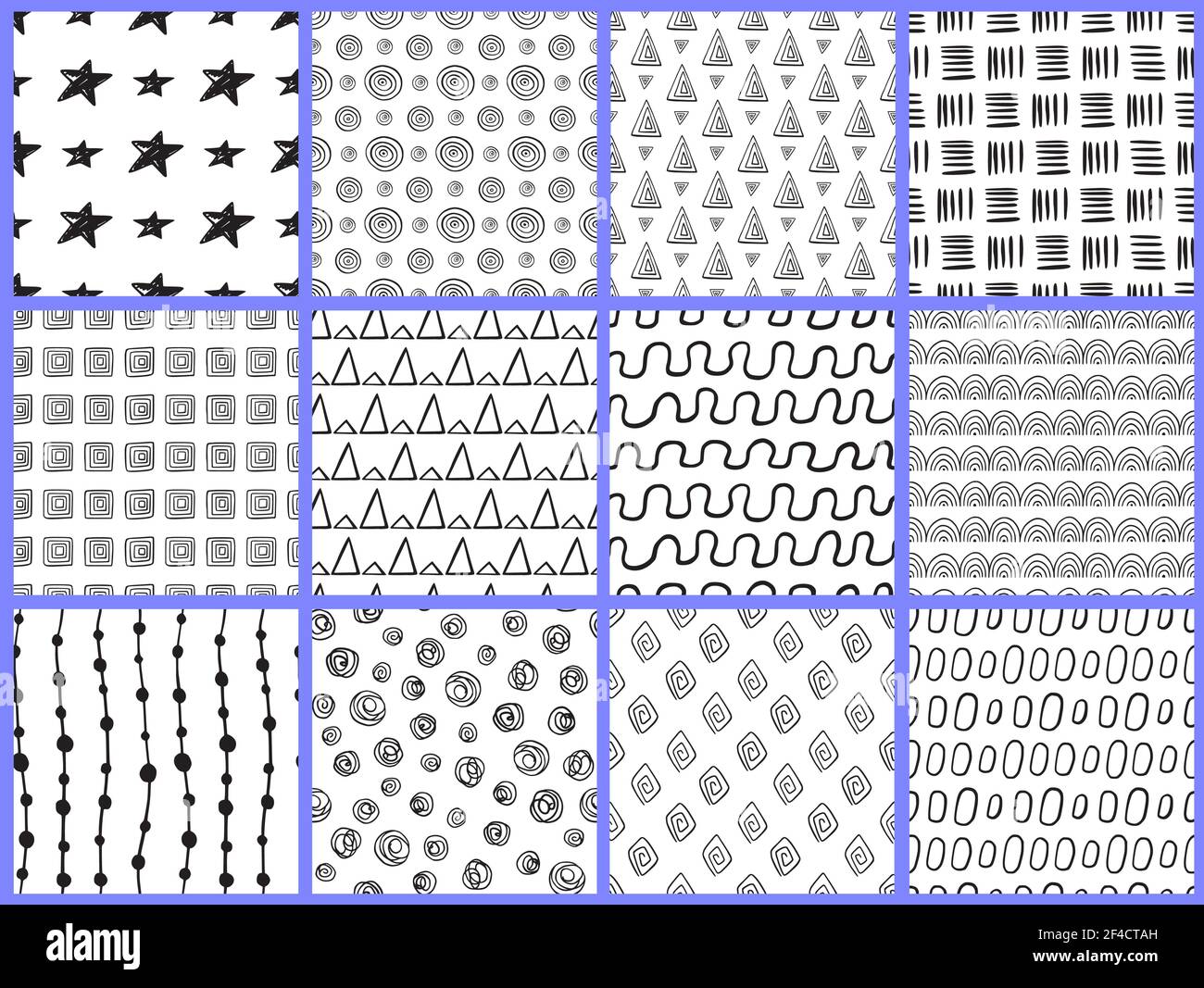 Set of abstract black and white doodle seamless patterns. Hand drawn ...