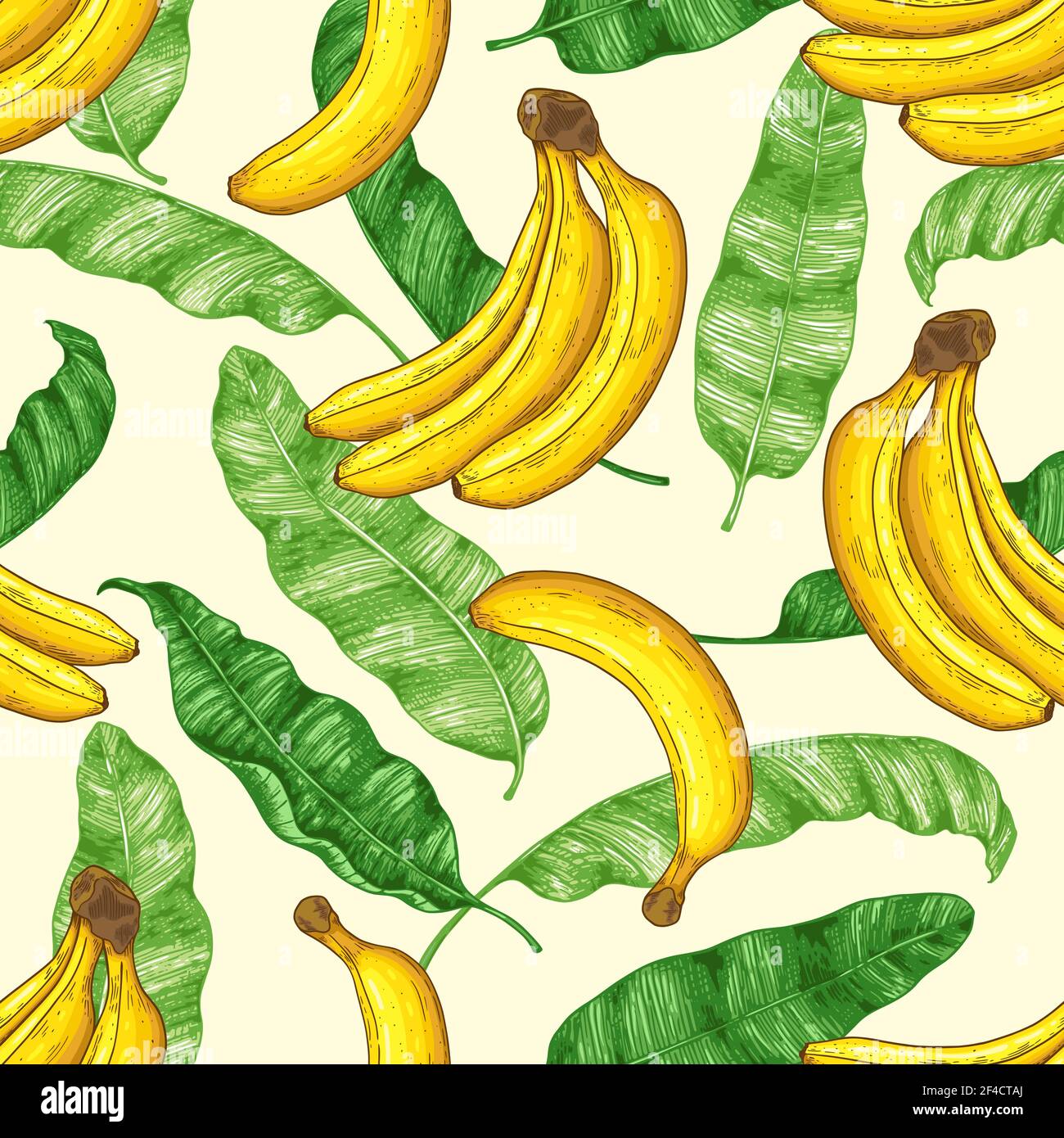 Hand drawn tropical seamless pattern with yellow bananas and green banana leaves. Vector ...