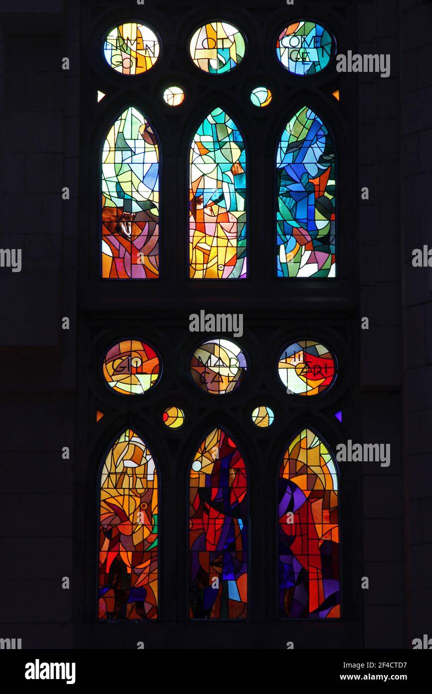 Stained glass decorative windows at La Sagrada Familia, the famous ...