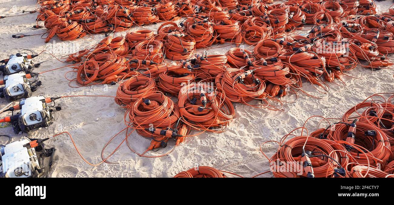 land seismic equipment, field cables for geophysicists Stock Photo - Alamy