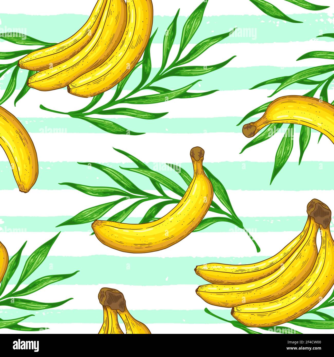 Hand drawn tropical seamless pattern with yellow bananas and green palm ...