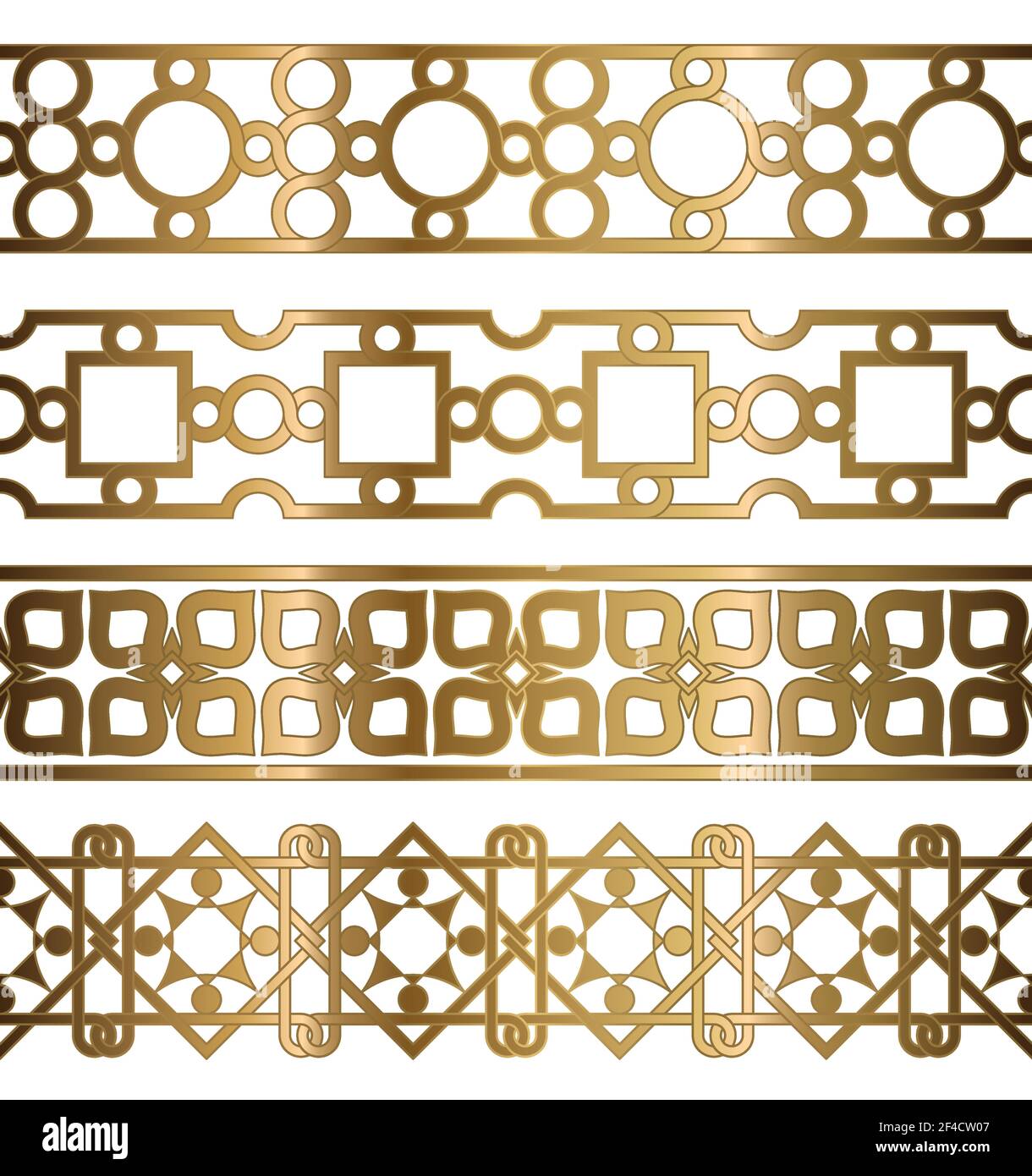 Set of golden oriental geometrical seamless borders. Decorative design elements. Vector ...