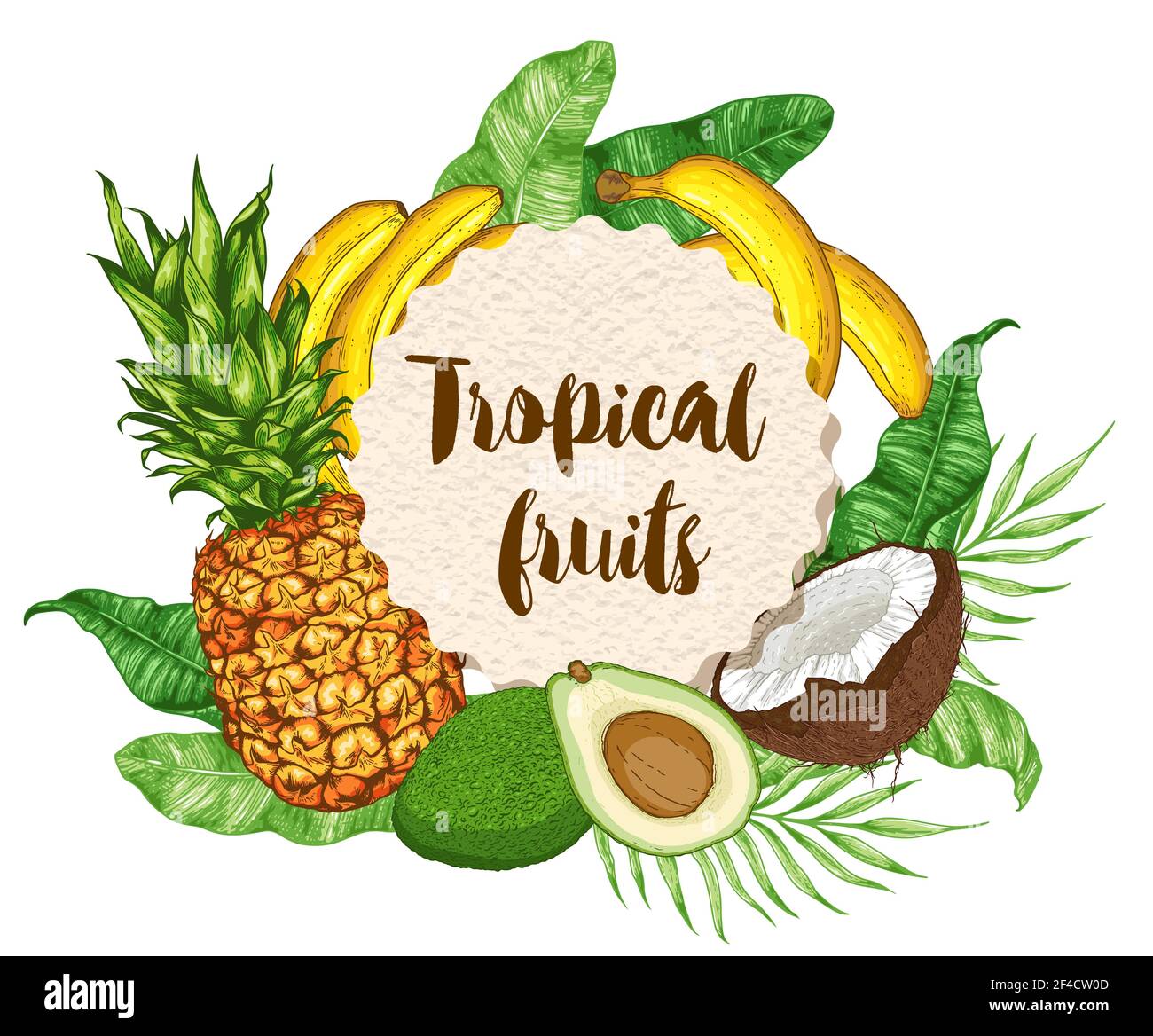 Round paper label with ripe tropical fruits and green leaves on a white ...