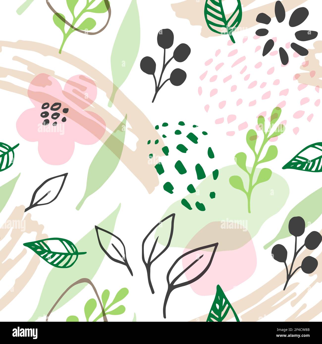Abstract spring seamless pattern with pink flowers and green leaves. Vector background Stock ...