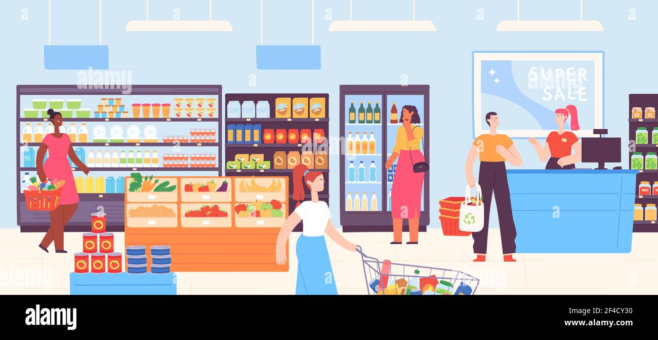 People in supermarket. Grocery shop interior with cashier and customers ...