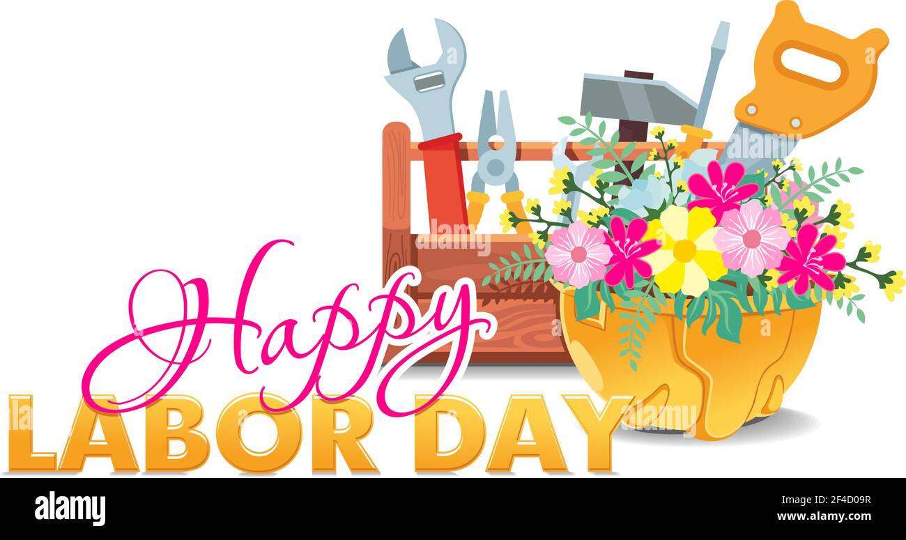 Labor Day spring flowers in a work helmet on the background of a set of ...