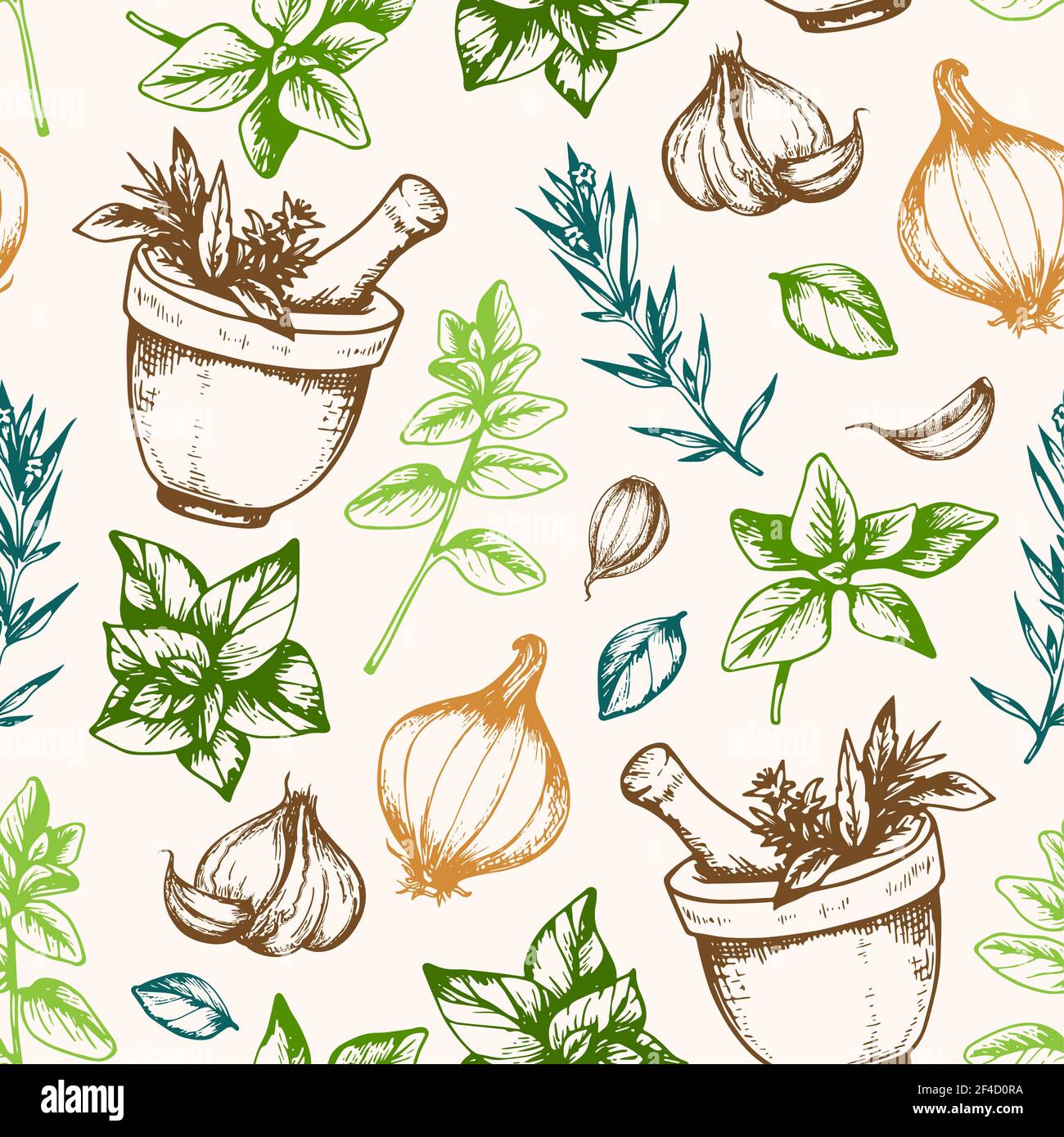 Vintage hand drawn seamless pattern with Italian herbs and spices Stock ...
