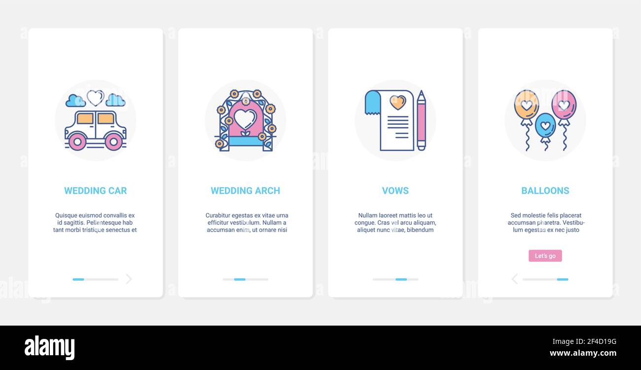 Wedding day party celebration objects UI, UX onboarding mobile app page ...