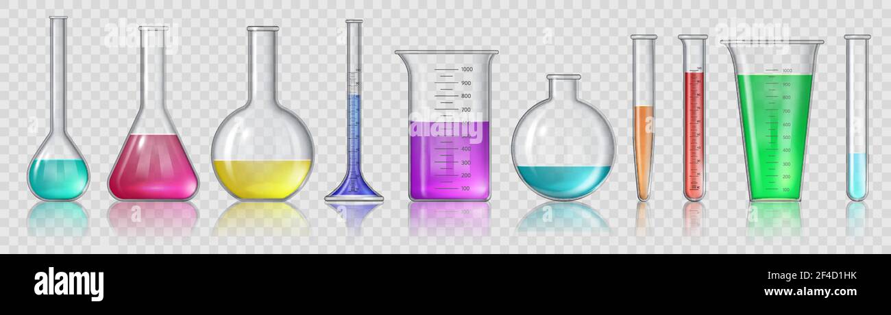 Beaker with chemicals. Realistic 3D laboratory glass equipment, test ...