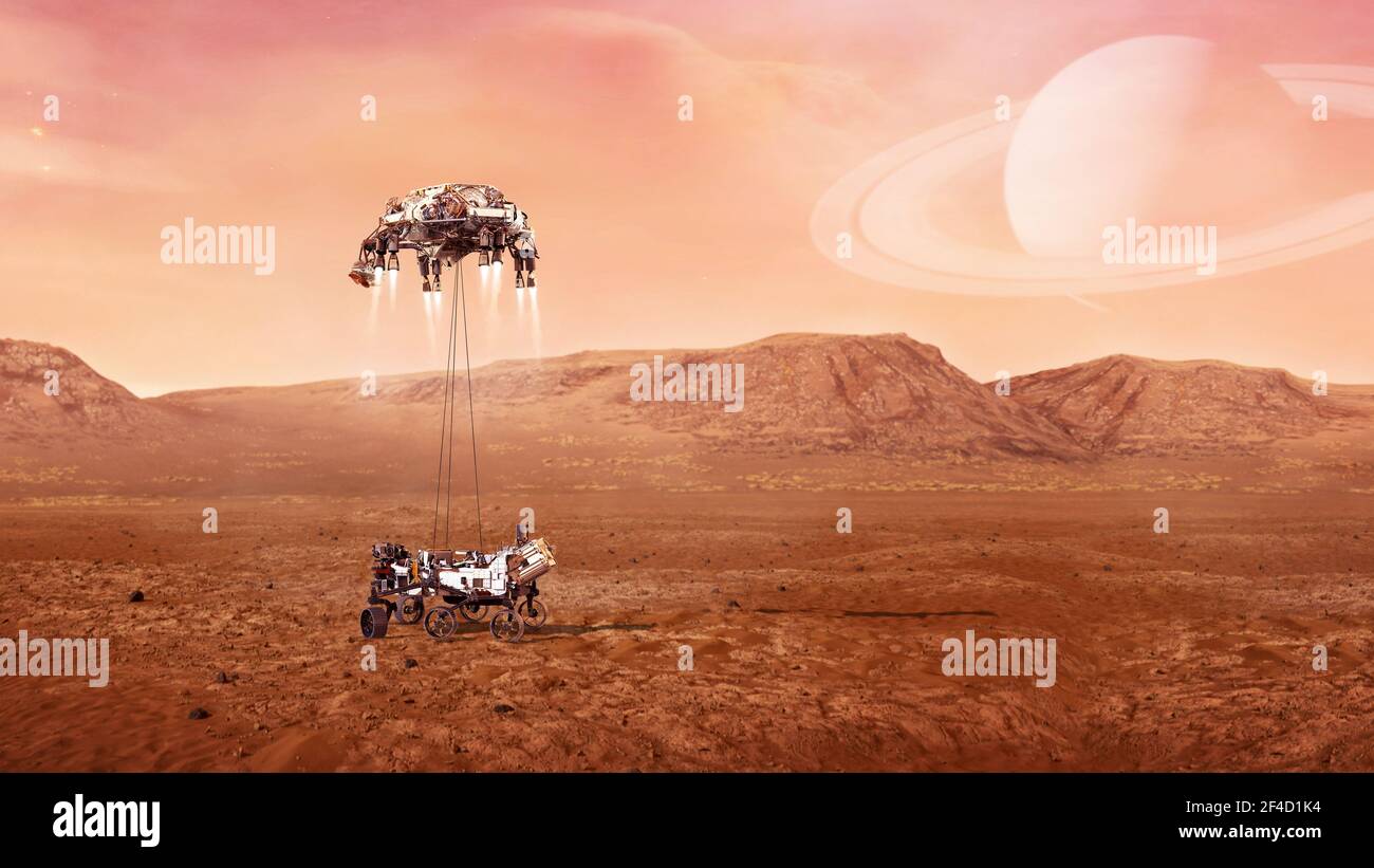 Landing of Mars Rover on surface of red planet. Elements of this image ...