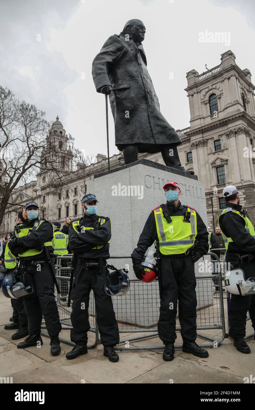 London UK 20 March 2021. Heavy police presence around all statues in ...